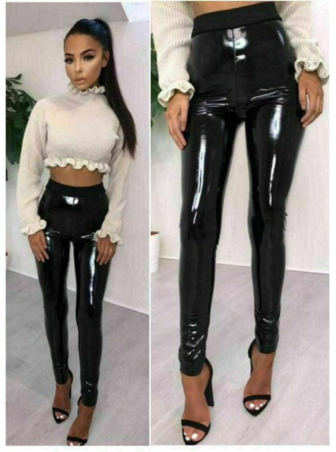 Women Ladies Vinyl PVC Wet Look Shiny Disco Elasticated High Waist ...