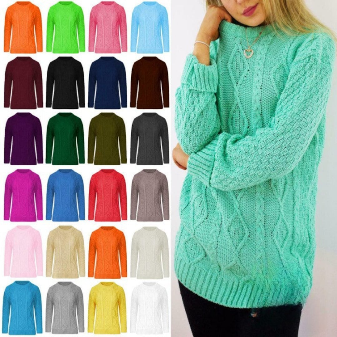 Ladies Long Sleeve Chunky Cable Knitted Jumper Crew Neck - Etsy UK
