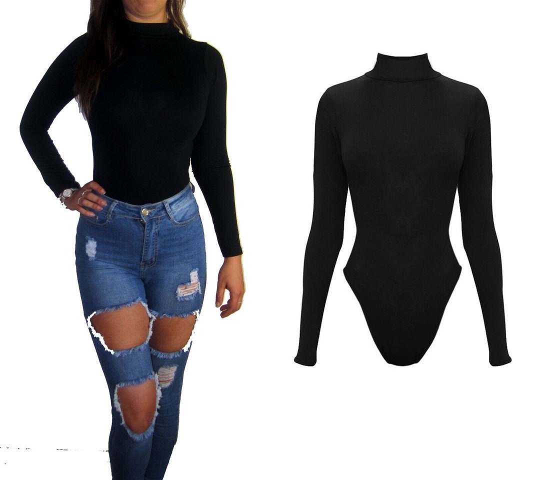 Ladies Plain High Roll Turtle Polo Neck Bodysuit Womens Long - Etsy