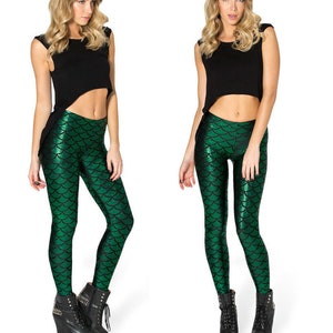Womens Fish Scale Mermaid Leggings Ladies Metallic Shiny Sparkle Disco ...