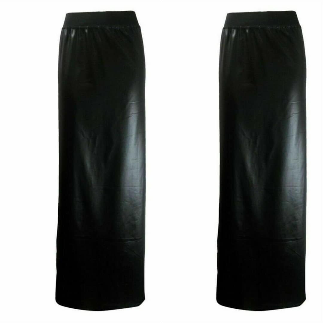 Womens PVC Wet Look Black Long Gypsy Maxi Skirt Ladies Leather Shinny ...