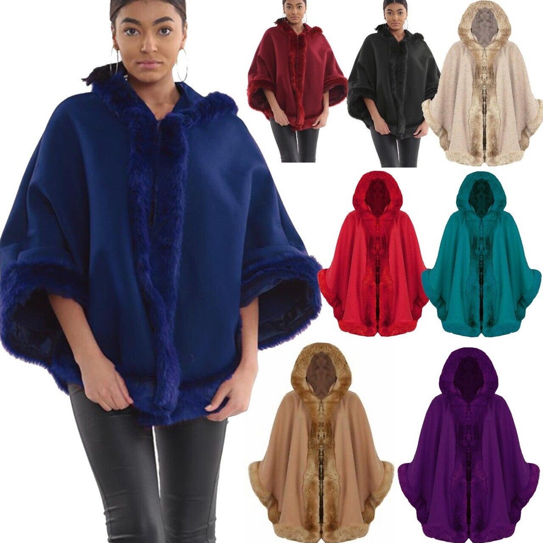 Womens Ladies Faux Fur Poncho Cape Celeb Trim Hooded Jacket - Etsy
