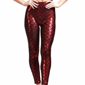 Womens Fish Scale Mermaid Leggings Ladies Metallic Shiny Sparkle Disco ...
