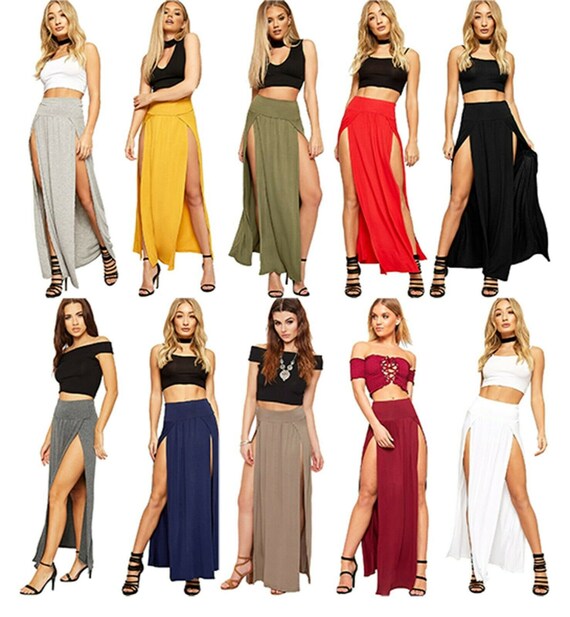 Womens Double Split High Waist Side Slit Plain Basic Summer - Etsy