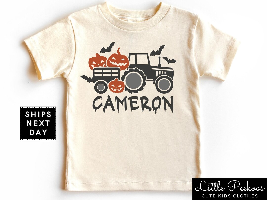 Custom Name Spooky Tractor Kid Shirt, Personalized Halloween Tractor ...