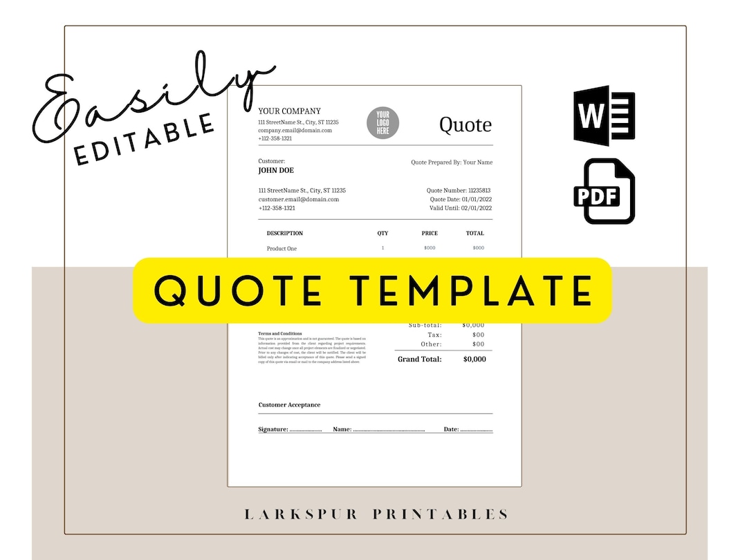 Editable Quote Template, Printable Quote Template PDF Word, Price Quote ...