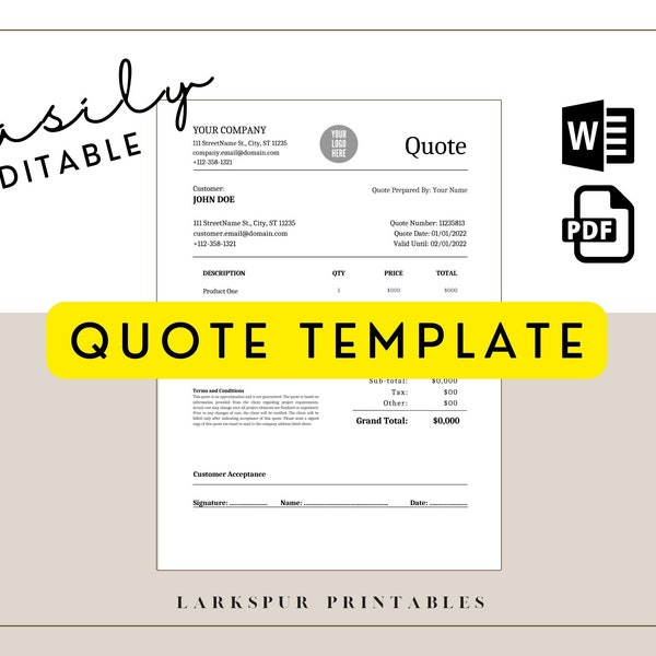 Printable Pdf Quotation Template - Etsy