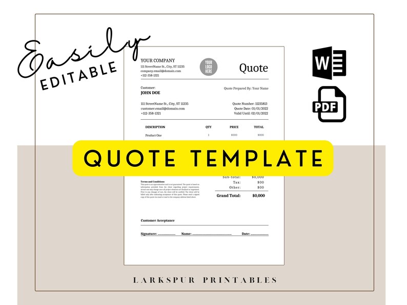 Editable Quote Template, Printable Quote Template PDF Word, Price Quote ...