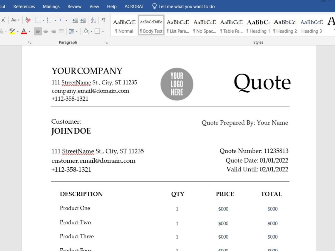 Editable Quote Template, Printable Quote Template PDF Word, Price Quote ...