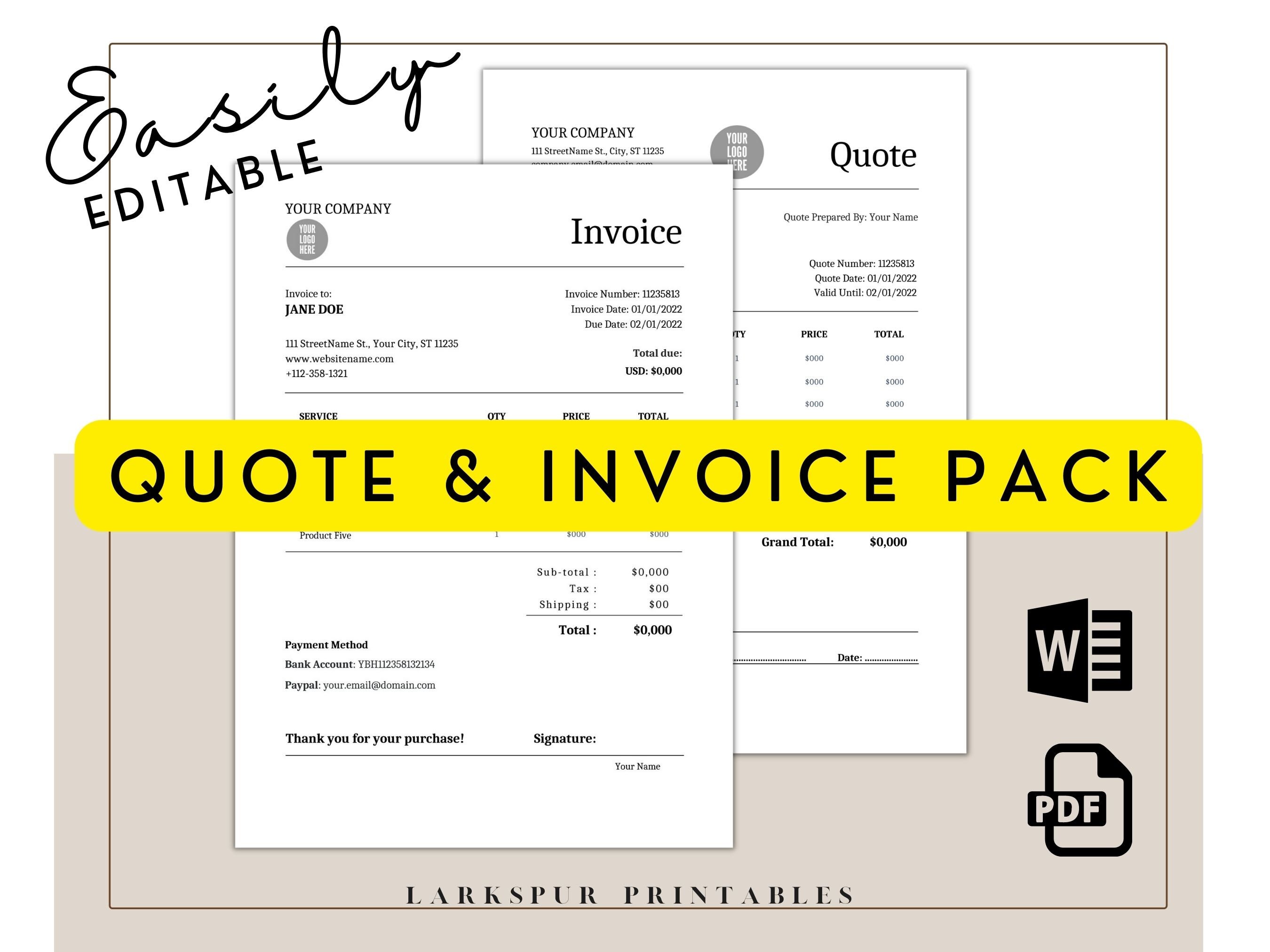 Invoice Quote Template Pack Minimalist Invoice Template Word - Etsy