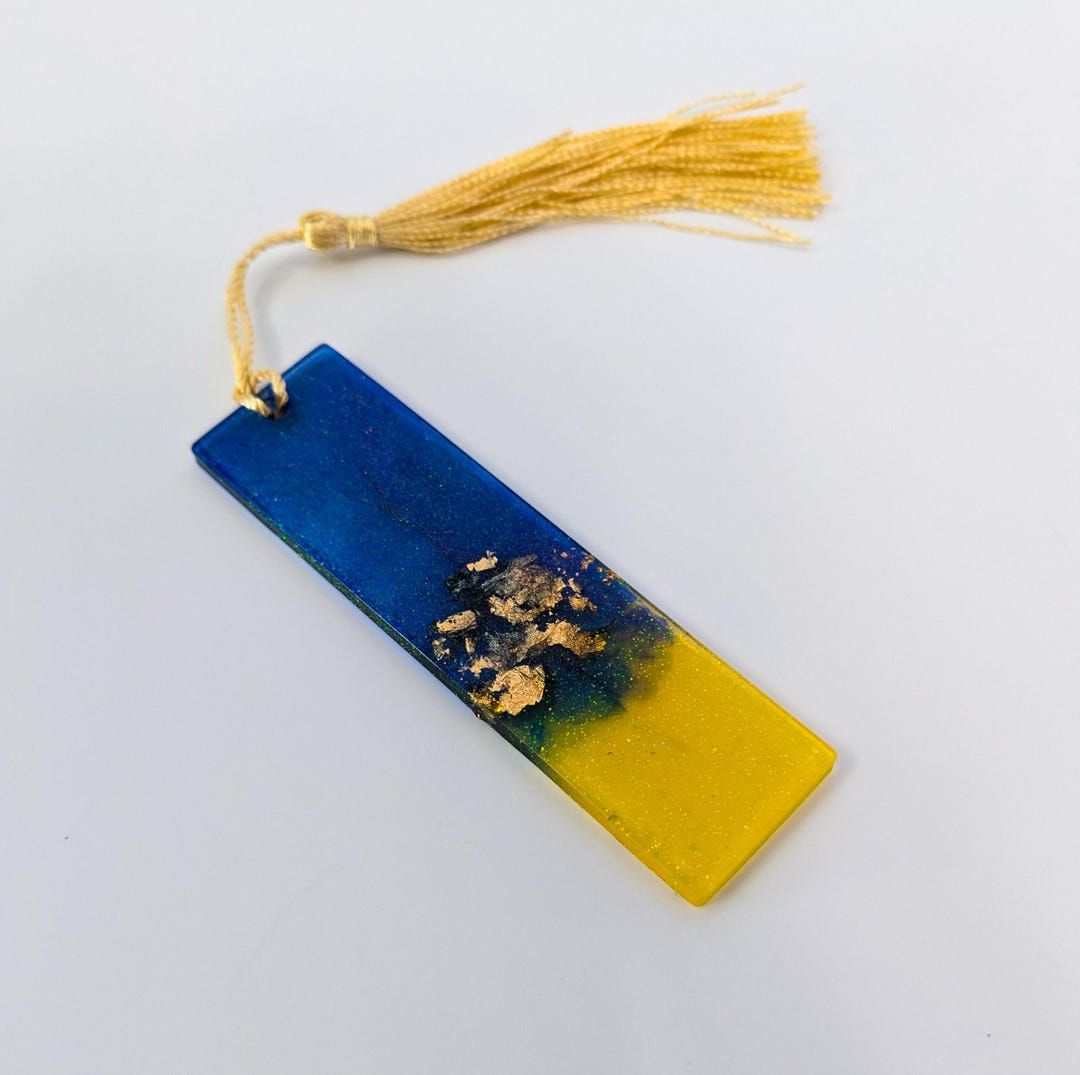 Short Transparent Yellow, Blue, and Gold Resin Bookmark With Yellow ...