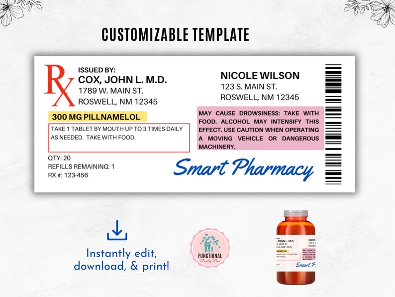 Prescription Label Template Editable Horizontal RX Bottle - Etsy