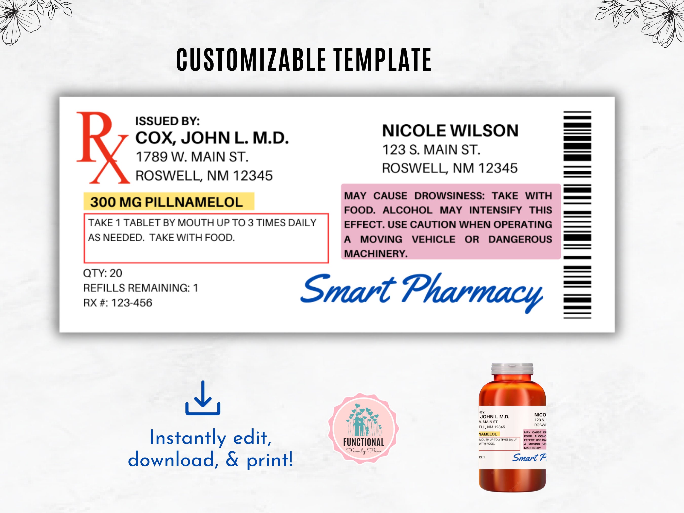 Prescription Label Template Editable Horizontal RX Bottle - Etsy Canada
