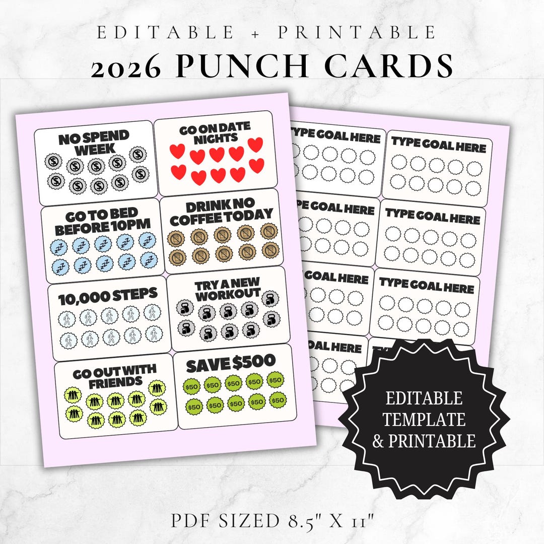 2026 Goal Punch Cards | Editable Template + Printable | New Year Goals ...