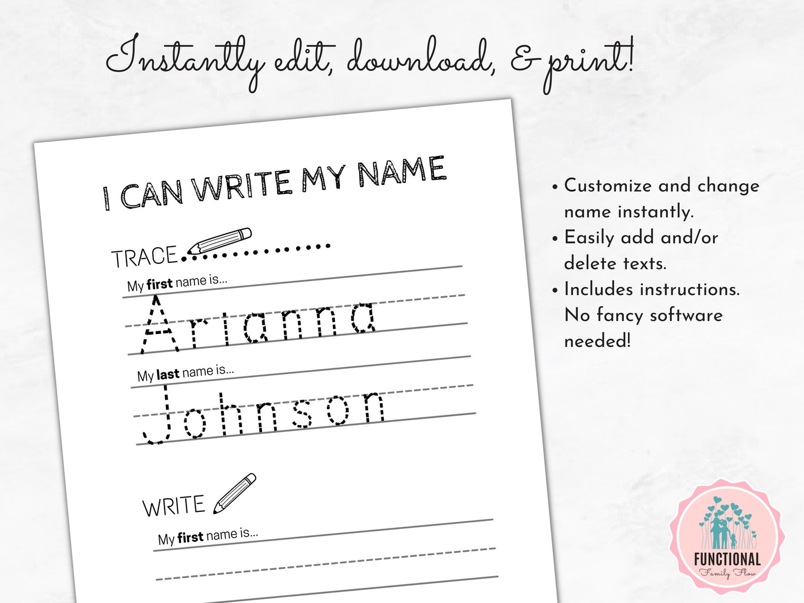 Name Tracing Sheet Template | Editable Handwriting Practice Page | Name ...