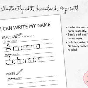 Name Tracing Sheet Template | Editable Handwriting Practice Page | Name ...