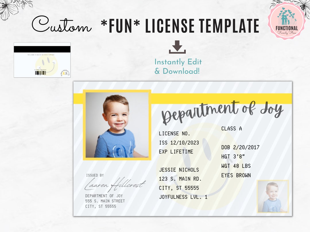Custom Fun Kid's License Editable License Template - Etsy