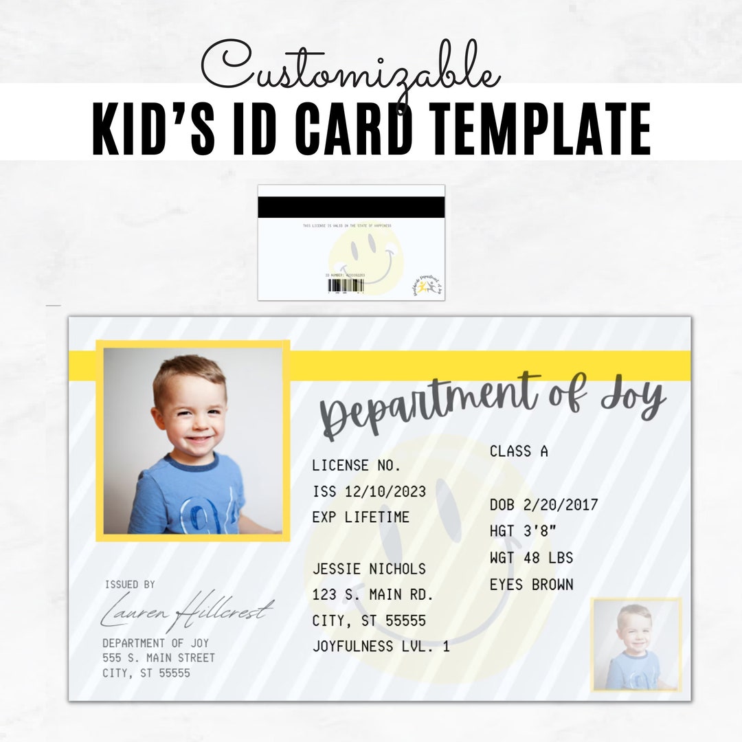 Custom Fun Kid's License Editable License Template Front and Back Play ...