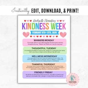 Kindness Week Flyer Template | Editable Kindness Week Itinerary Handout ...