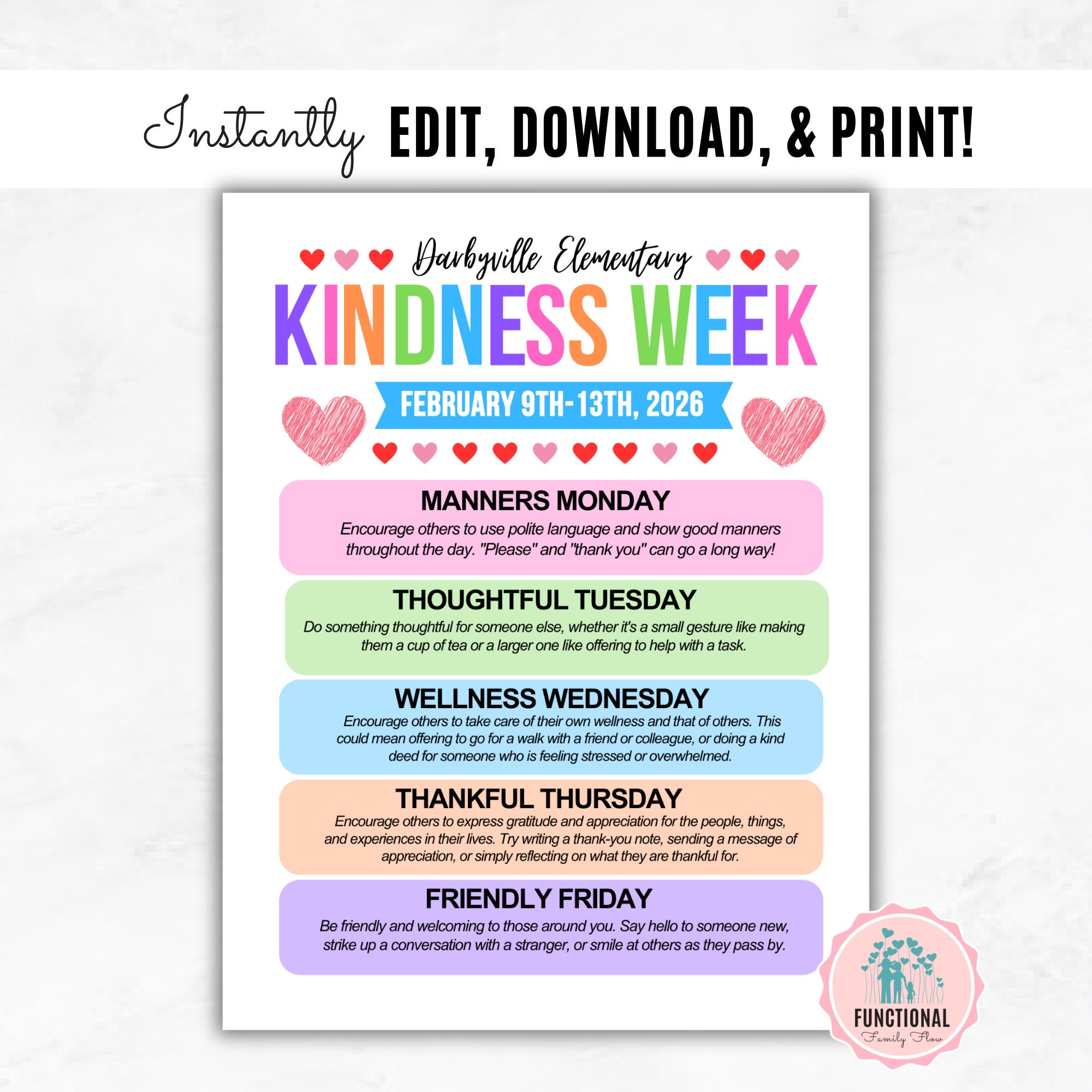 Kindness Week Flyer Template | Editable Kindness Week Itinerary Handout ...