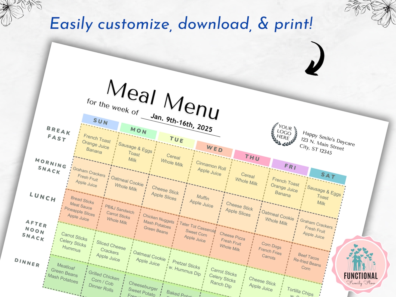 Daycare Weekly Menu Template Editable Home Daycare Daily - Etsy