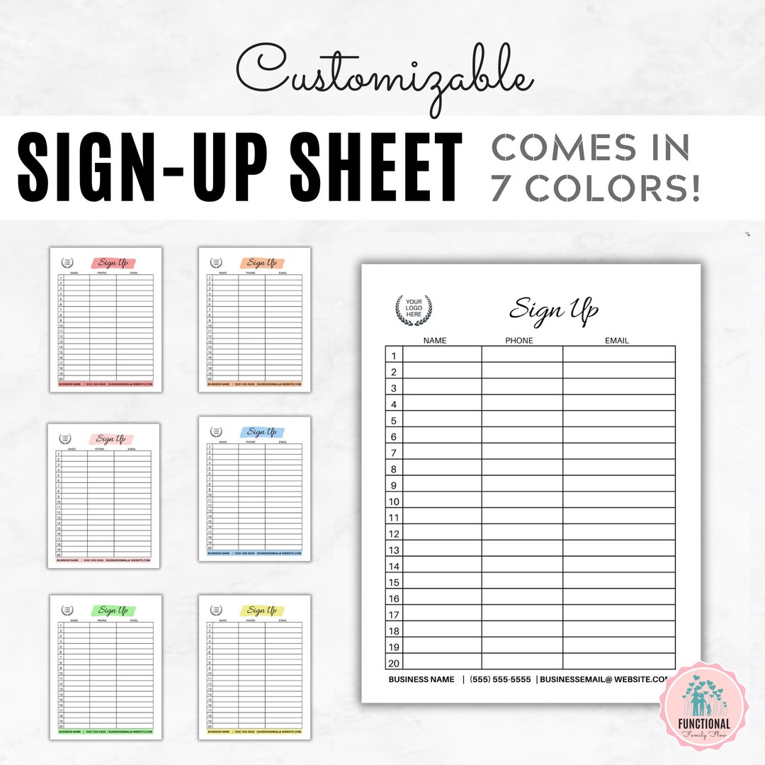 Editable Sign up Sheet Template Printable Sign up Form Sign up Sheet ...