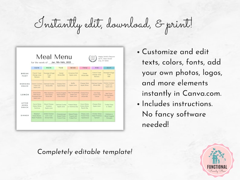 Daycare Weekly Menu Template Editable Home Daycare Daily - Etsy