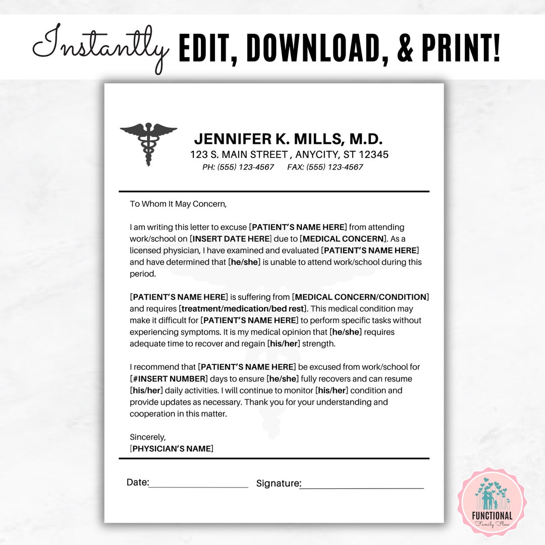 Editable Doctors Excuse Letter | Doctors Excuse Note Template ...