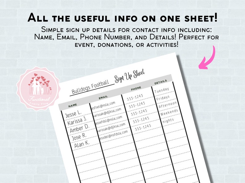 Printable Sign up Sheet PDF Sign up Template Contact Sheet - Etsy
