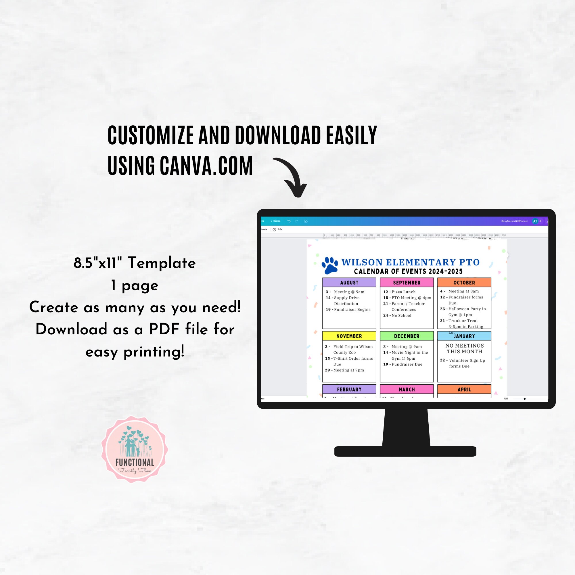 PTO Yearly Calendar Template | Editable PTA Calendar of Events ...