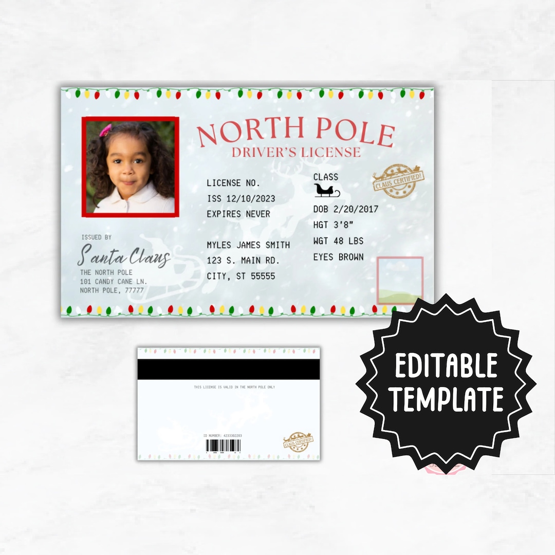 Kids North Pole License Template | Editable Santa North Pole Driver's ...