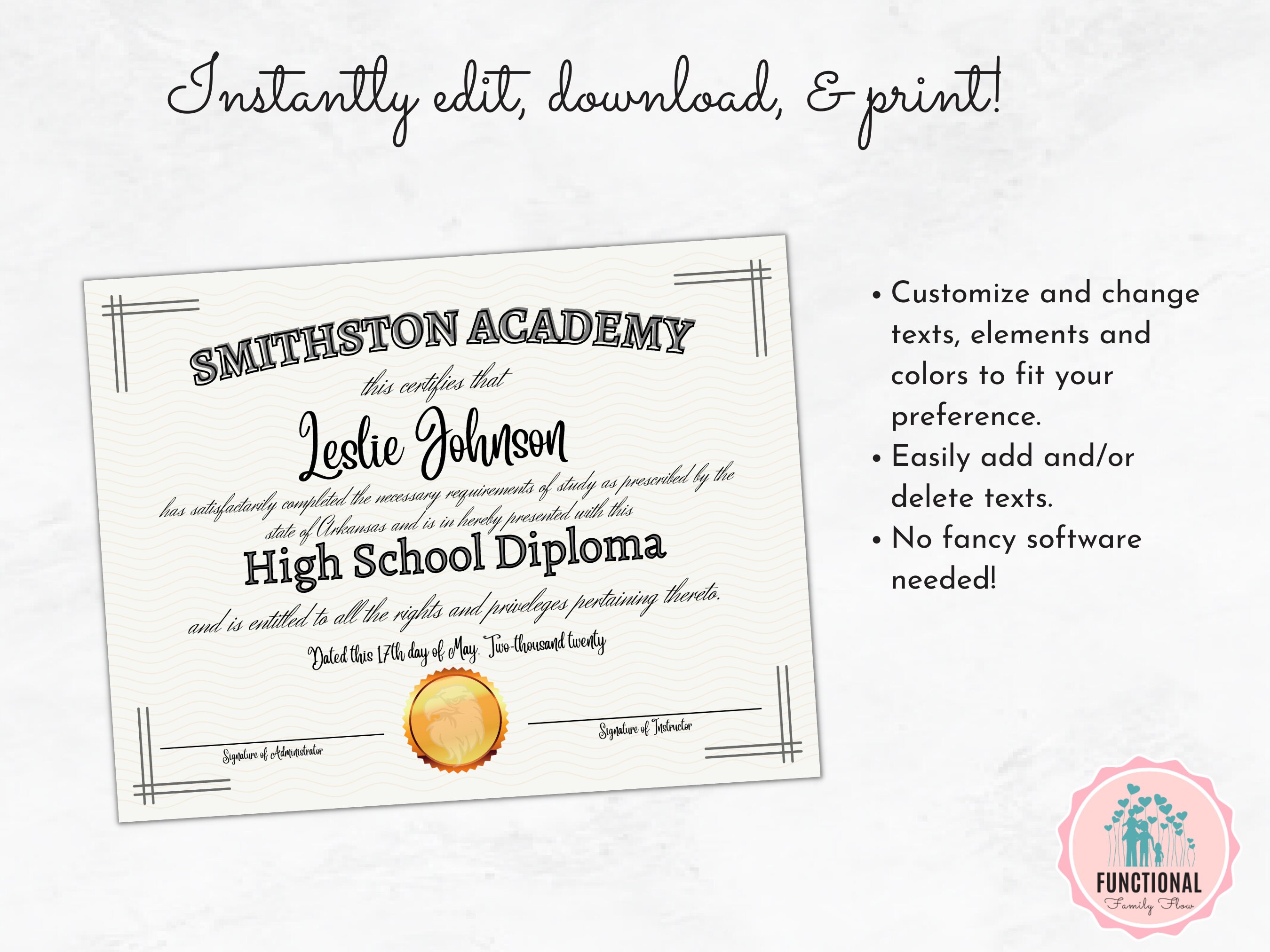 Custom High School Diploma Editable Diploma Template - Etsy
