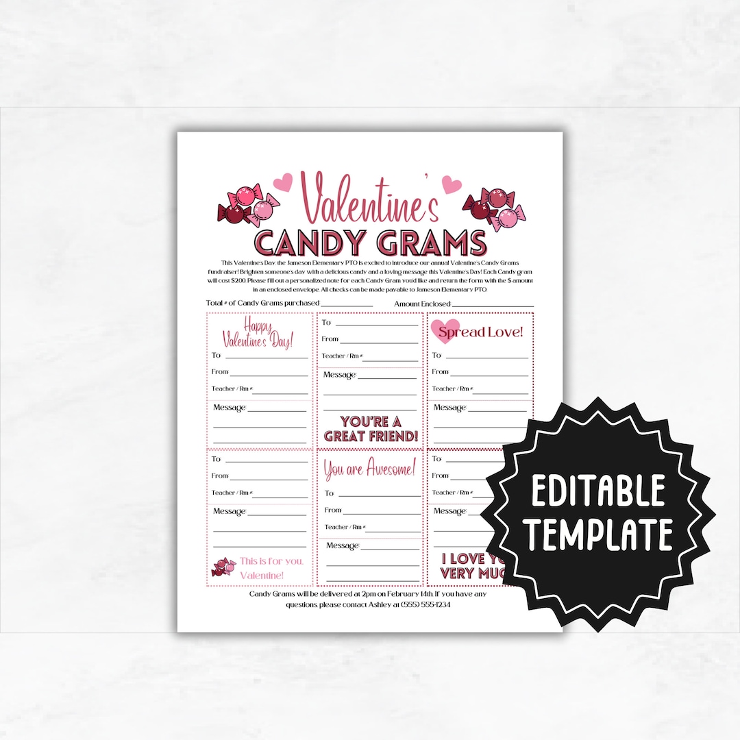 Valentines Gram Candy Flyer Template | Editable Valentines Day School ...