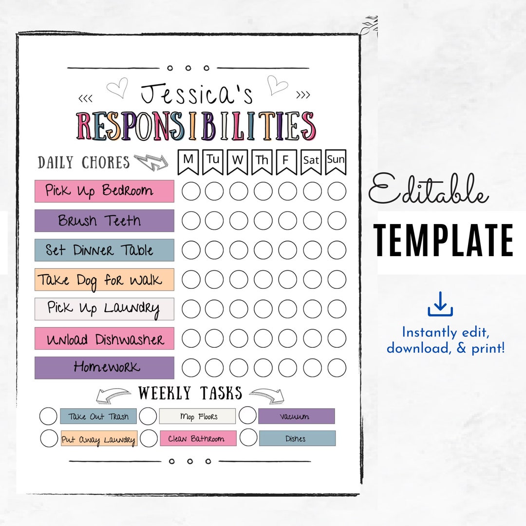 Editable Chore Chart for Kids Printable Kids Daily Weekly ...