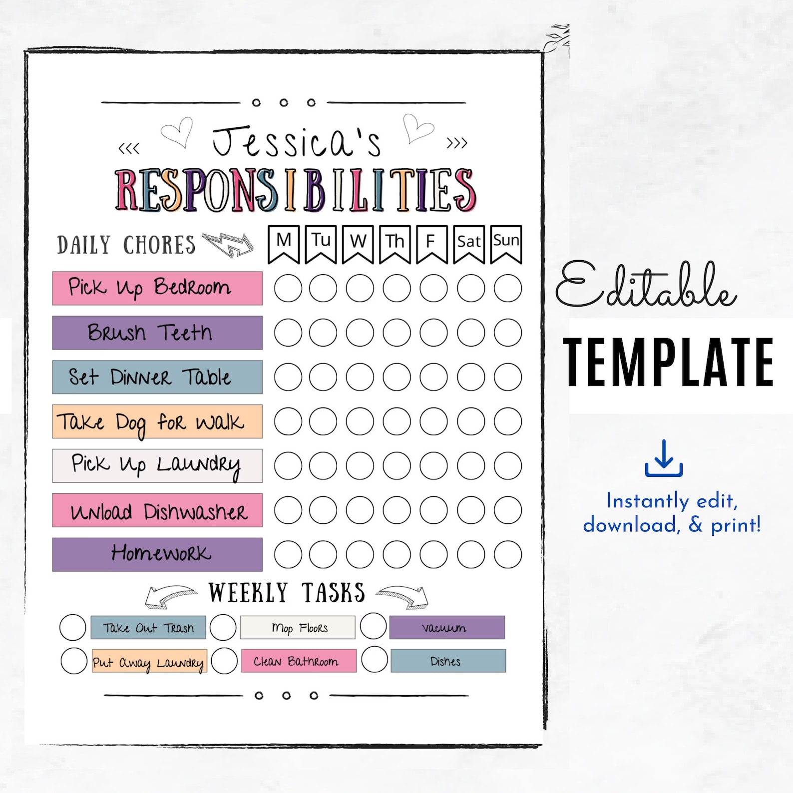 Editable Chore Chart for Kids | Printable Kids Daily Weekly ...