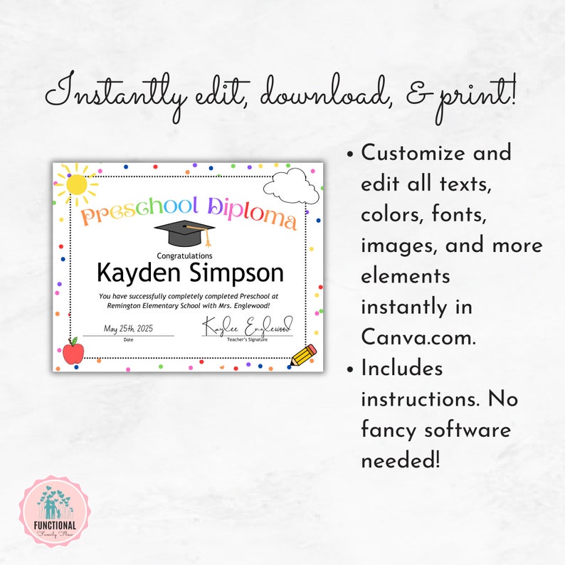 Preschool Graduation Certificate Template | Editable Preschool Diploma ...