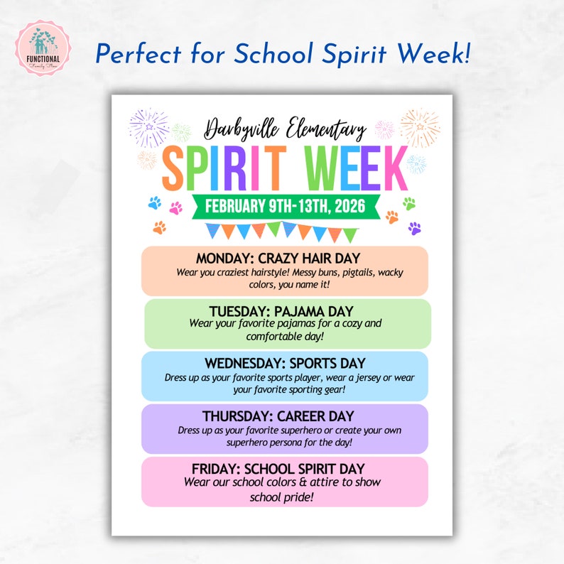 School Spirit Week Flyer Template | Editable Spirit Week Itinerary ...