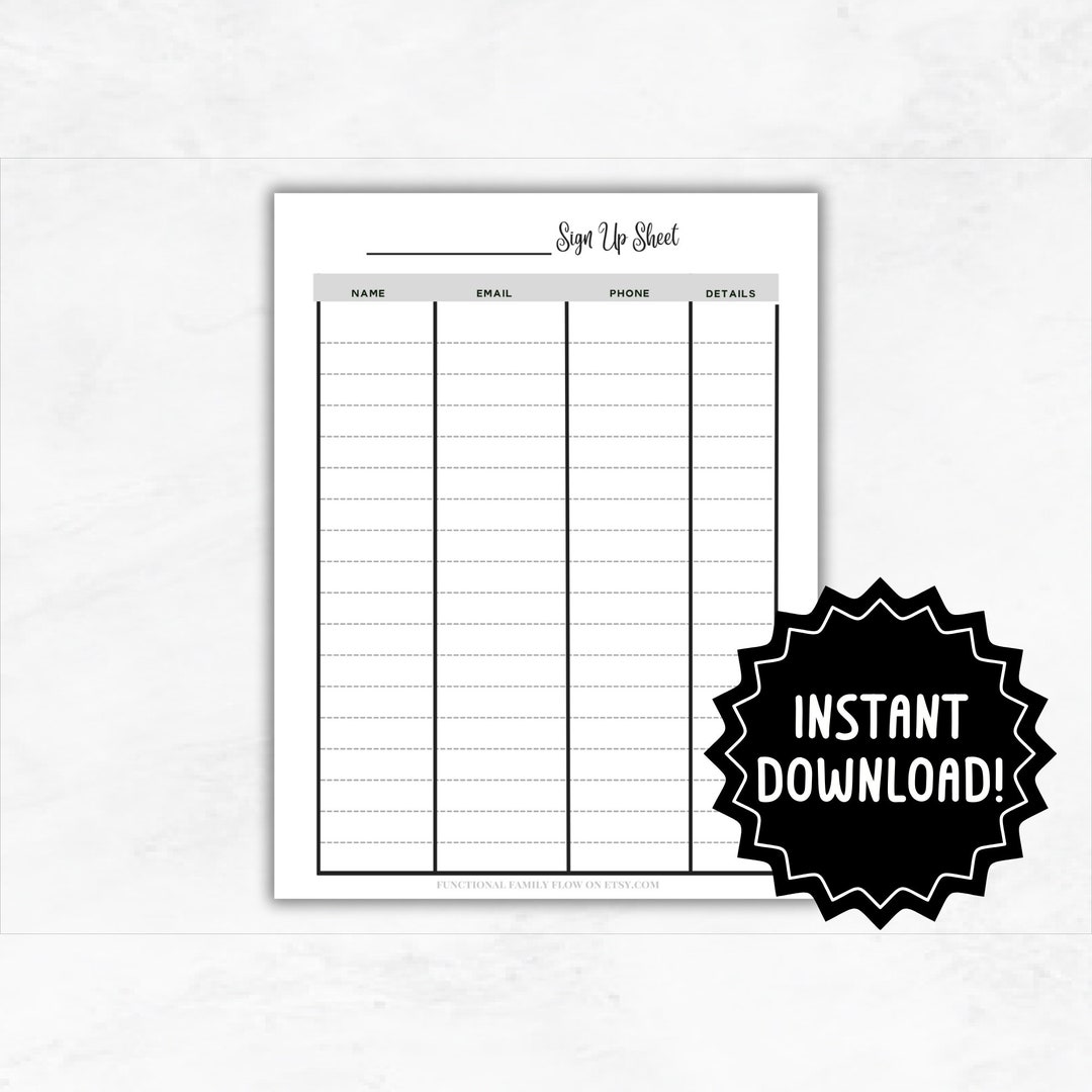 Printable Sign up Sheet | PDF Sign up Template | Contact Sheet | Sign ...