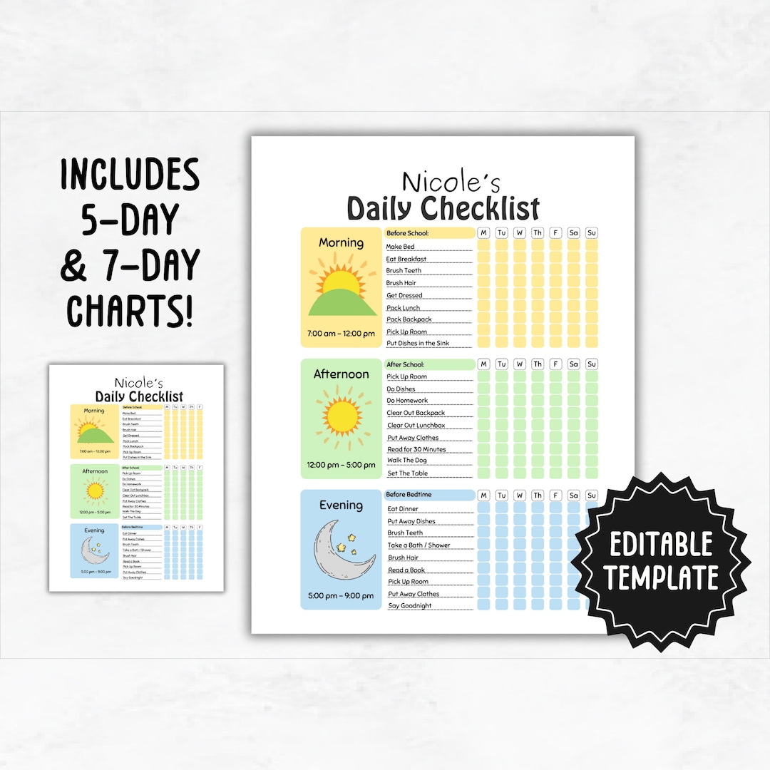 Daily Checklist for Kids Template | Editable Kids Responsibility Chart ...