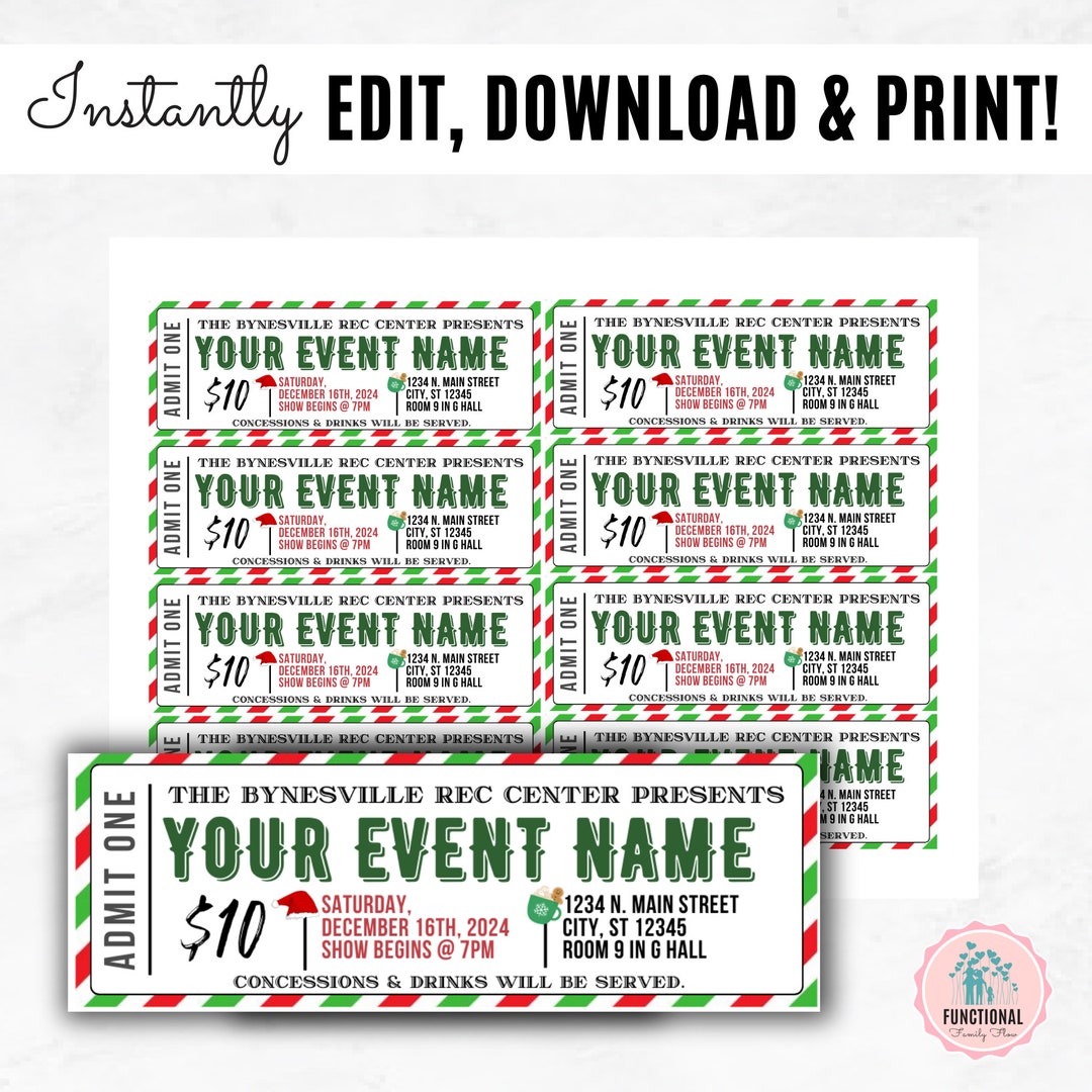 Christmas Event Ticket Template Editable Holiday Even Ticket Printable ...