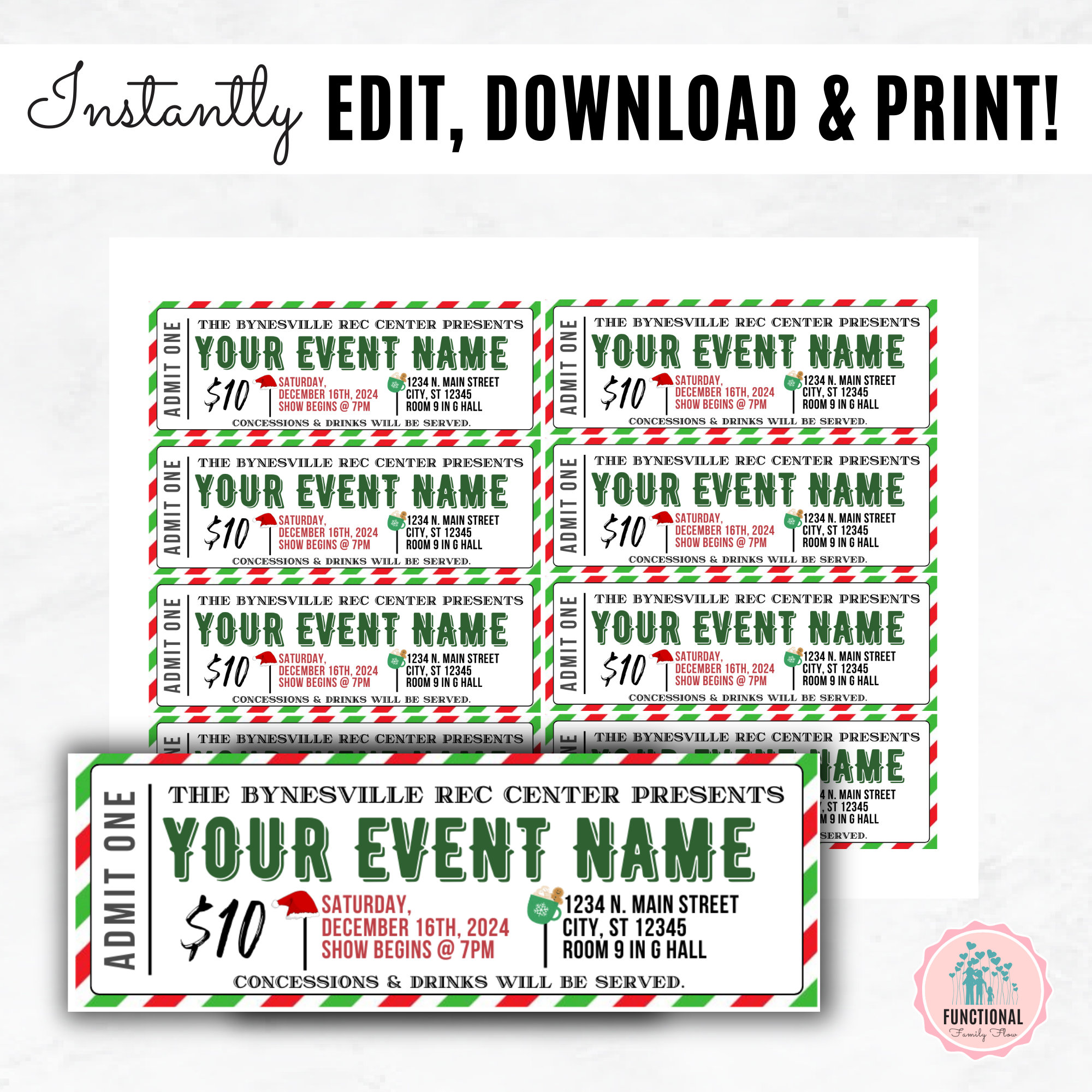 Christmas Event Ticket Template | Editable Holiday Even Ticket ...