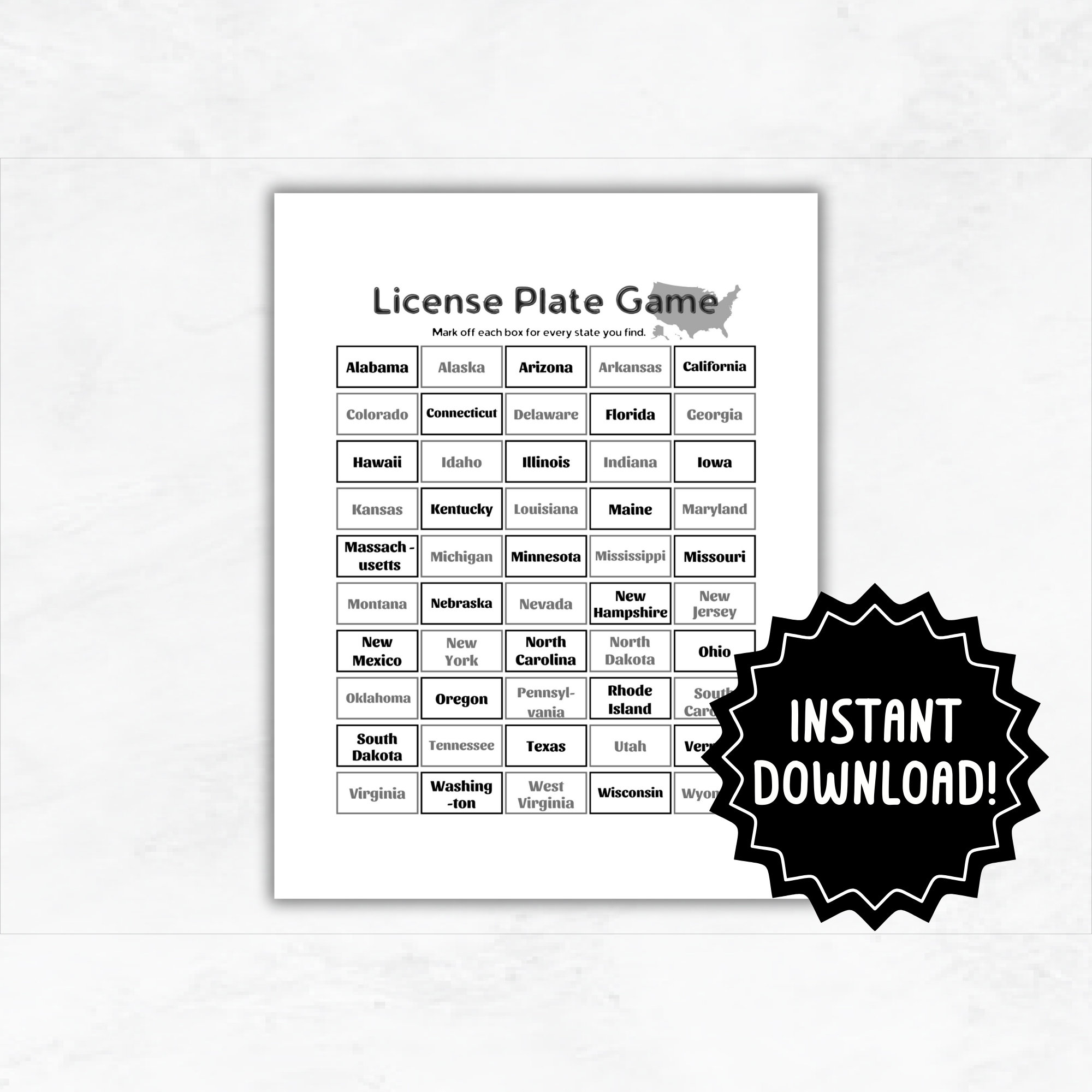 Road Trip License Plate Game | Printable Road Trip Activity | 50 States ...
