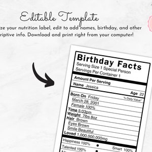 Editable Birthday Nutrition | Nutrition Facts | Nutrition Label ...