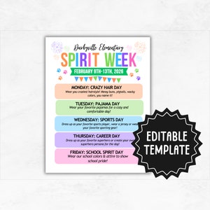School Spirit Week Flyer Template | Editable Spirit Week Itinerary ...