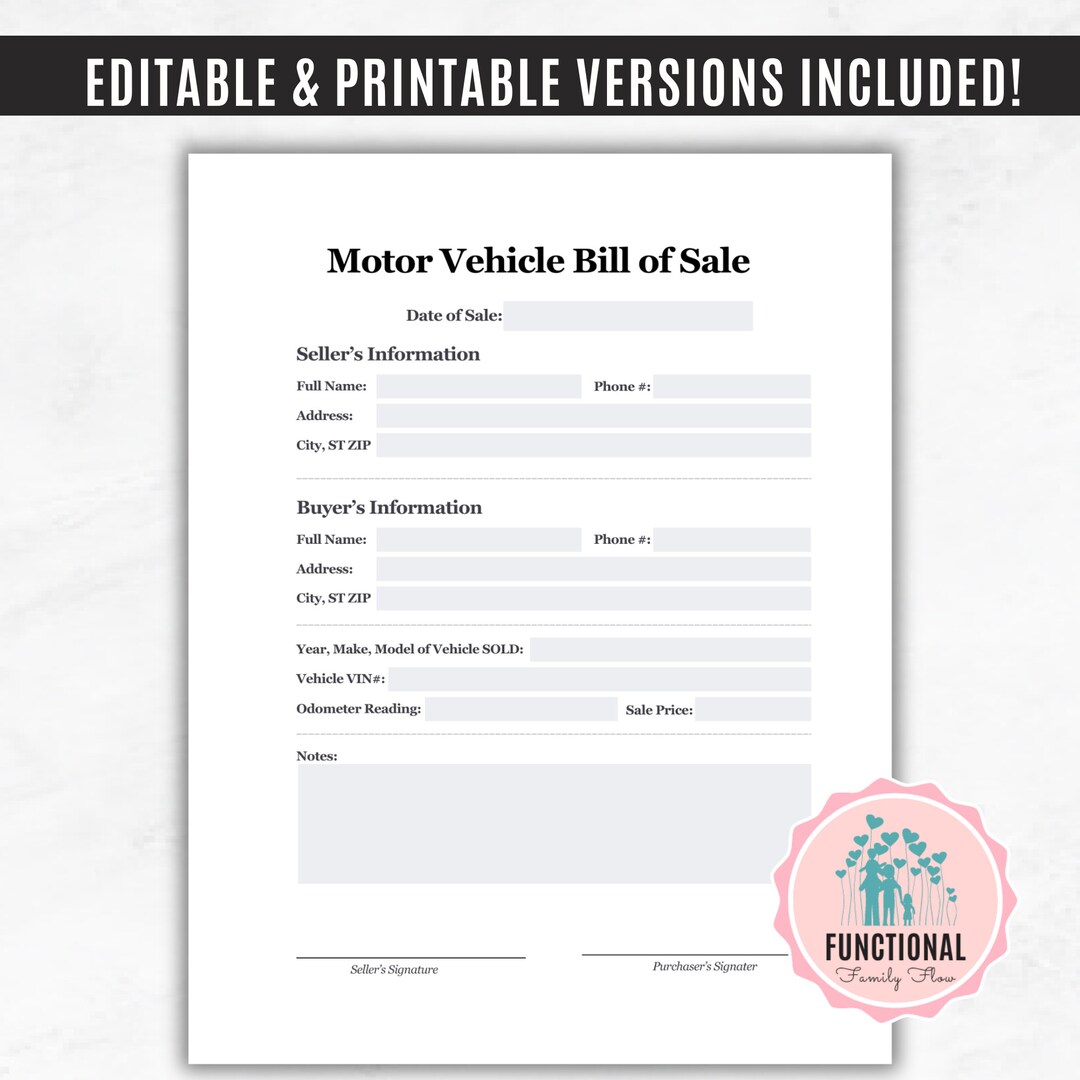 Motor Vehicle Bill of Sale Printable Bill of Sale Editable Car Sale ...