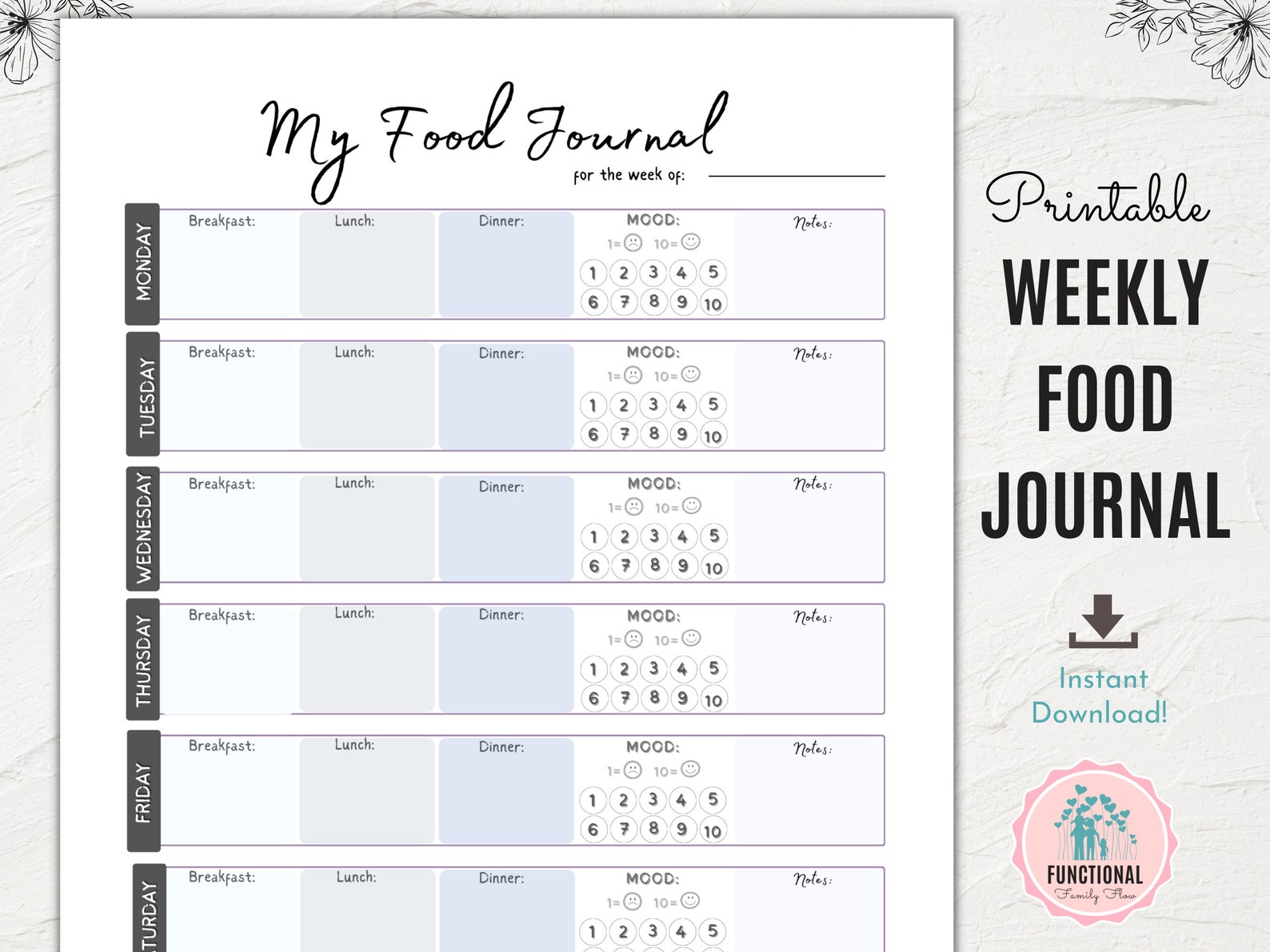 Food Journal Printable Food Diary Daily Food Log Fitness Diet Tracker ...