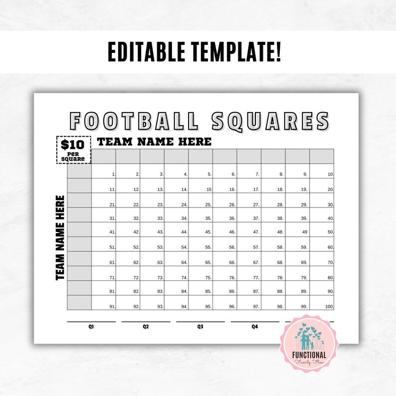 Football Squares Template | Editable Football Game Squares | 100 ...