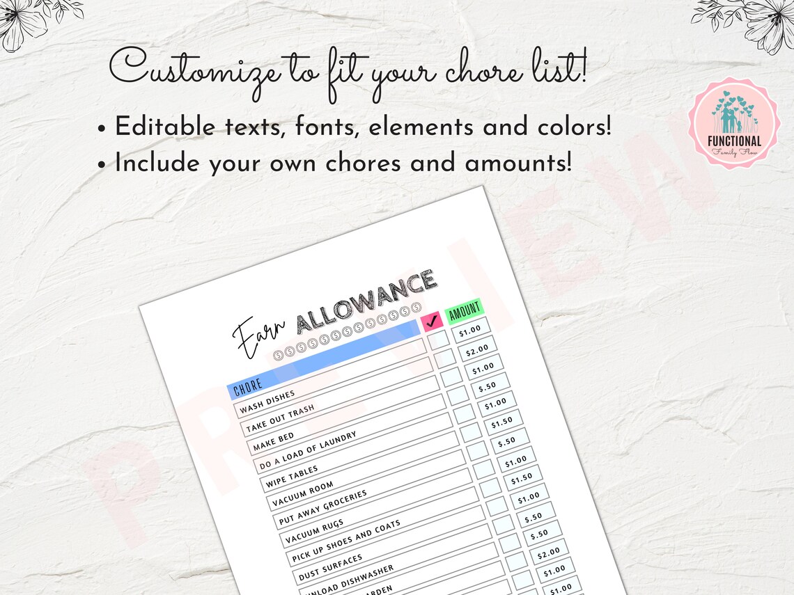 Allowance Tracker Editable Chore Chart With Allowance Keep - Etsy