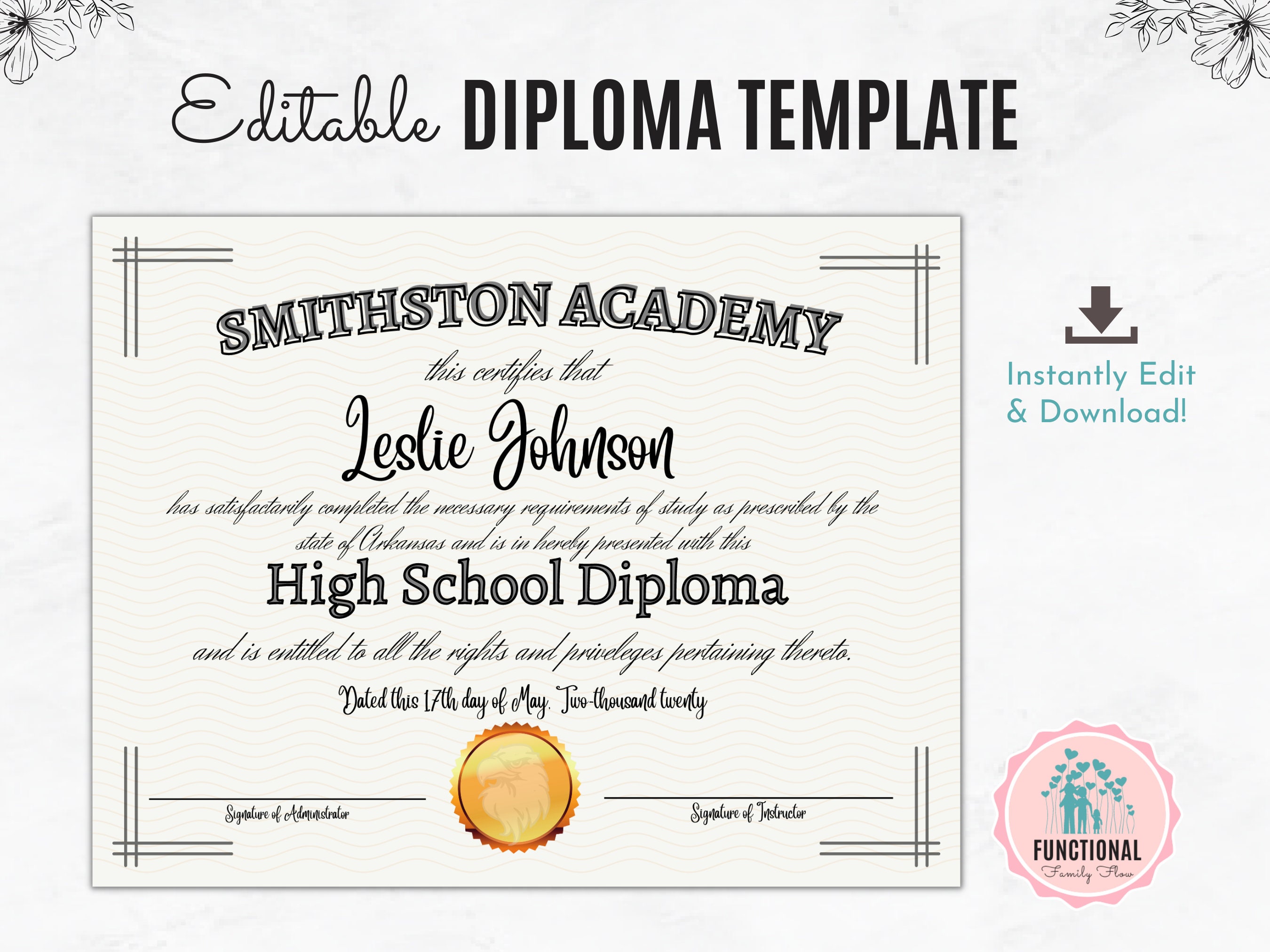 Custom High School Diploma Editable Diploma Template - Etsy