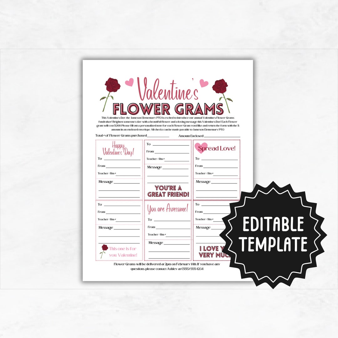 Valentines Flower Gram Flyer Template | Editable PTO Valentine's Day ...